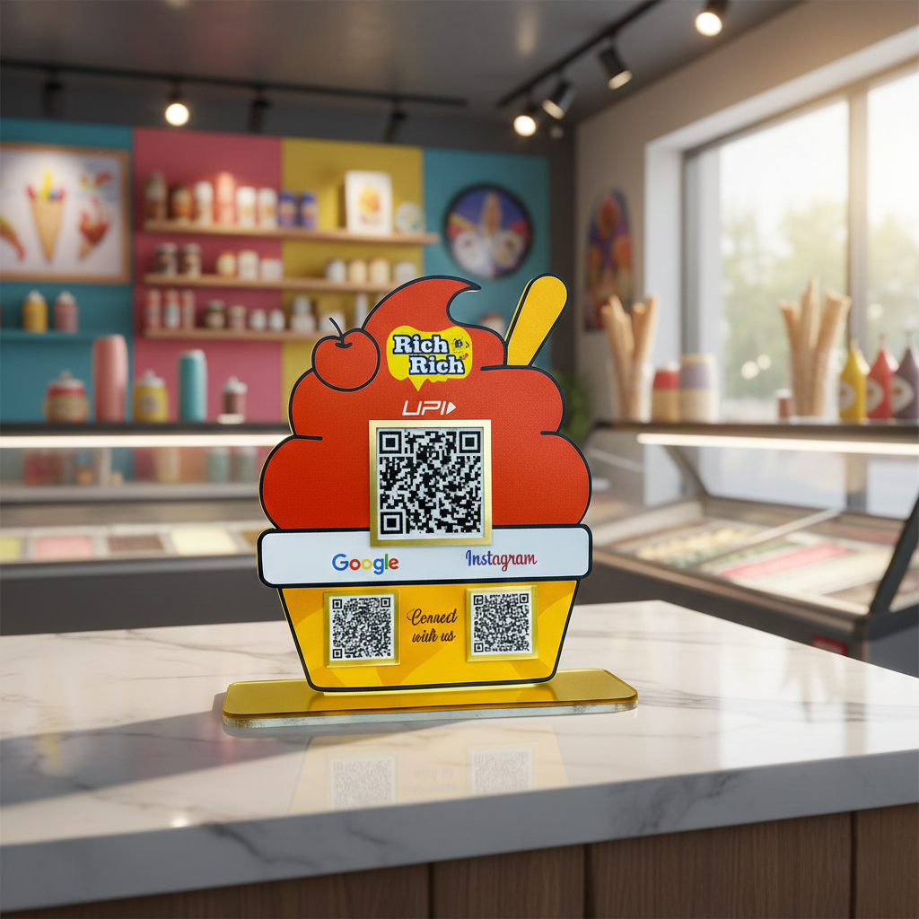 3 QR NFC Enabled Ice Cream Shape Standee for Ice Cream Parlour & Desse ...