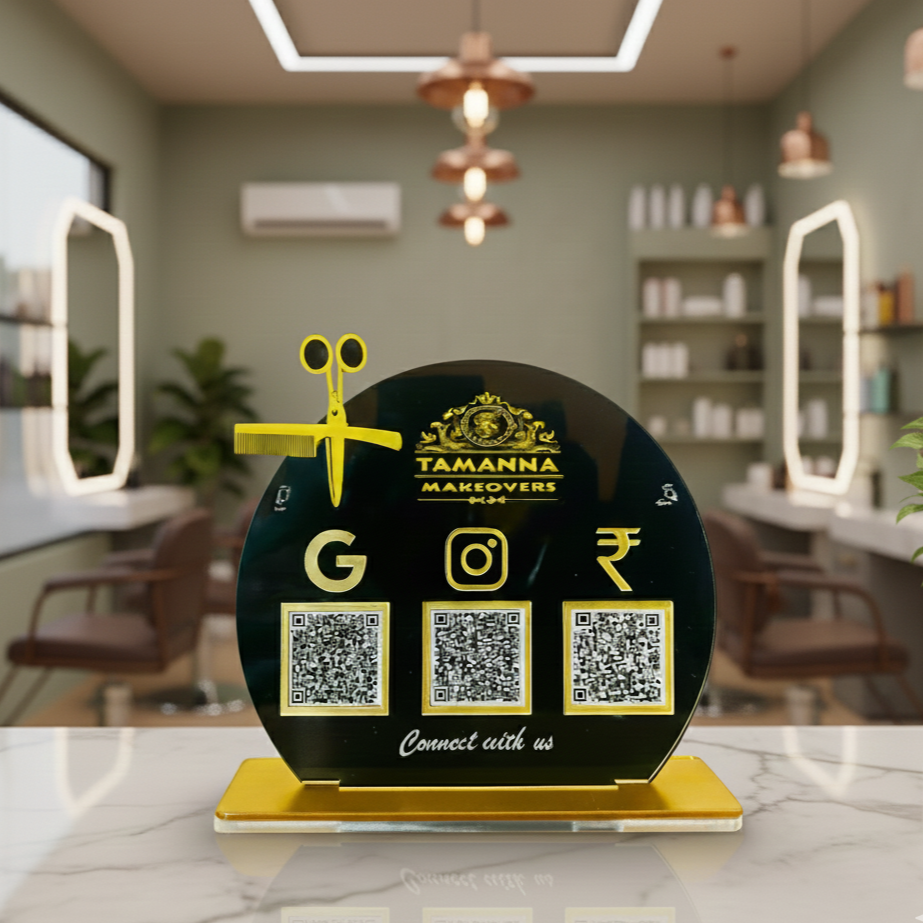 3 QR NFC Enabled Round Shape Standee with Scissor Cutout for Salon Spa ...